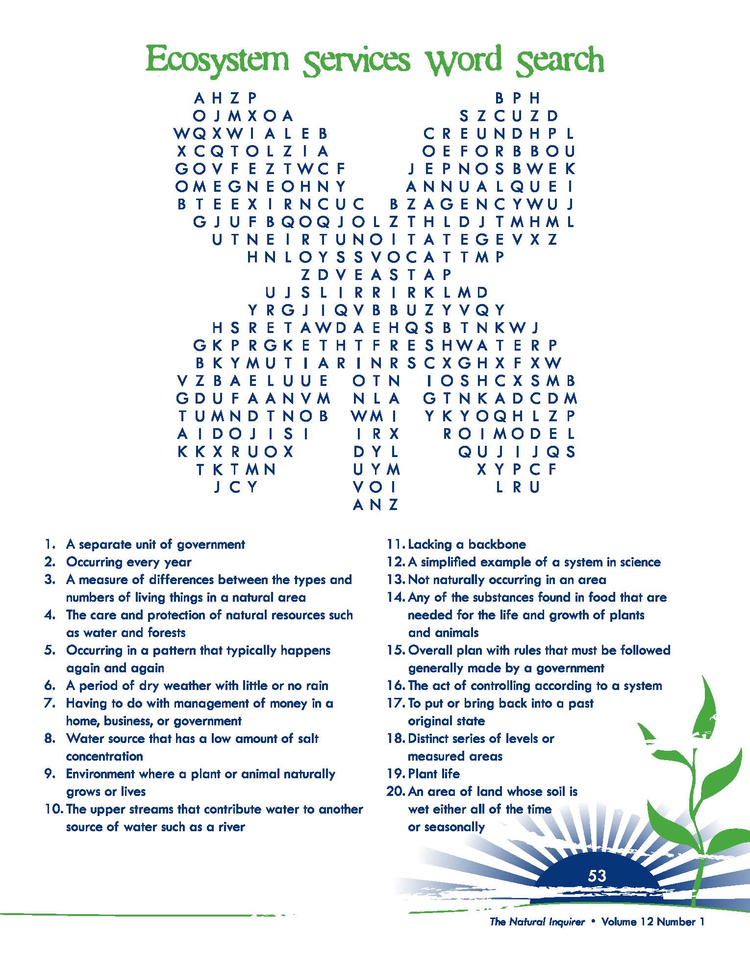 Word Search - Ecosystem Services - Natural Inquirer