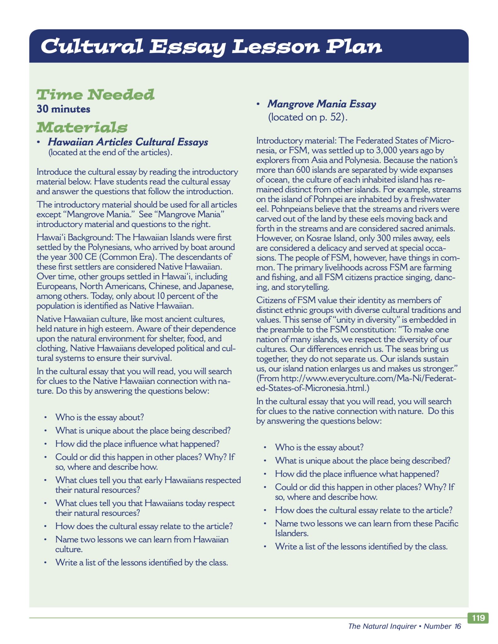 Lesson Plan - Cultural Essay - Natural Inquirer