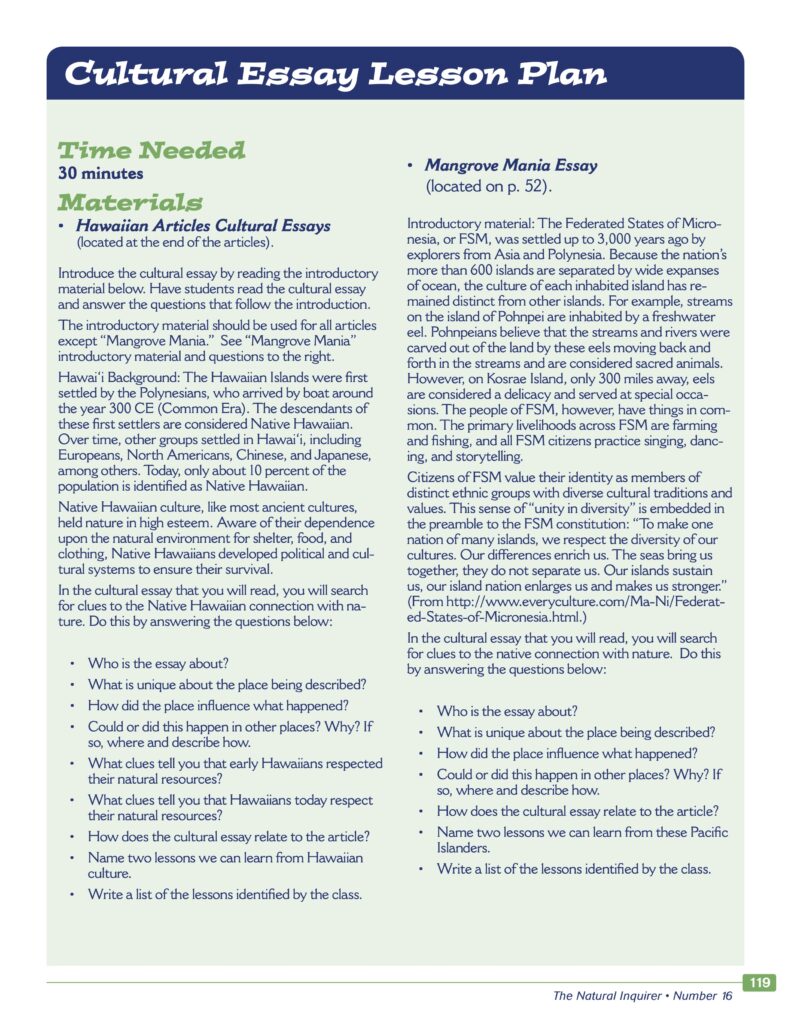 Lesson Plan - Cultural Essay - Natural Inquirer